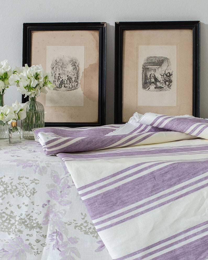 Faded Stripe Lilac on White Linen | Cabbages & Roses– cabbagesandroses